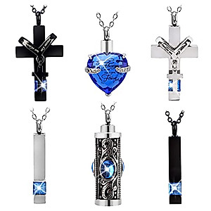 KKUYT Cremation Urn Necklace for Ashes-6 PCS Cremation Jewelry for Ashes, Cubic Heart Cross Keepsake Locket Ashes Necklace Stainless Steel Urn Necklace Pendant Memorial Jewelry Gifts for Men/Women