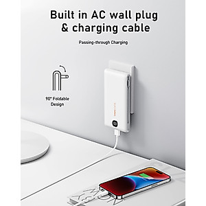 VEEKTOMX Power Bank with Built in Cables 22.5W 10000mAh, Portable Charger for iPhone with AC Wall Plug, Fast Charging USB C Slim iPhone Charger with LED Display Compatible with iPhone15/14/13, Samsung
