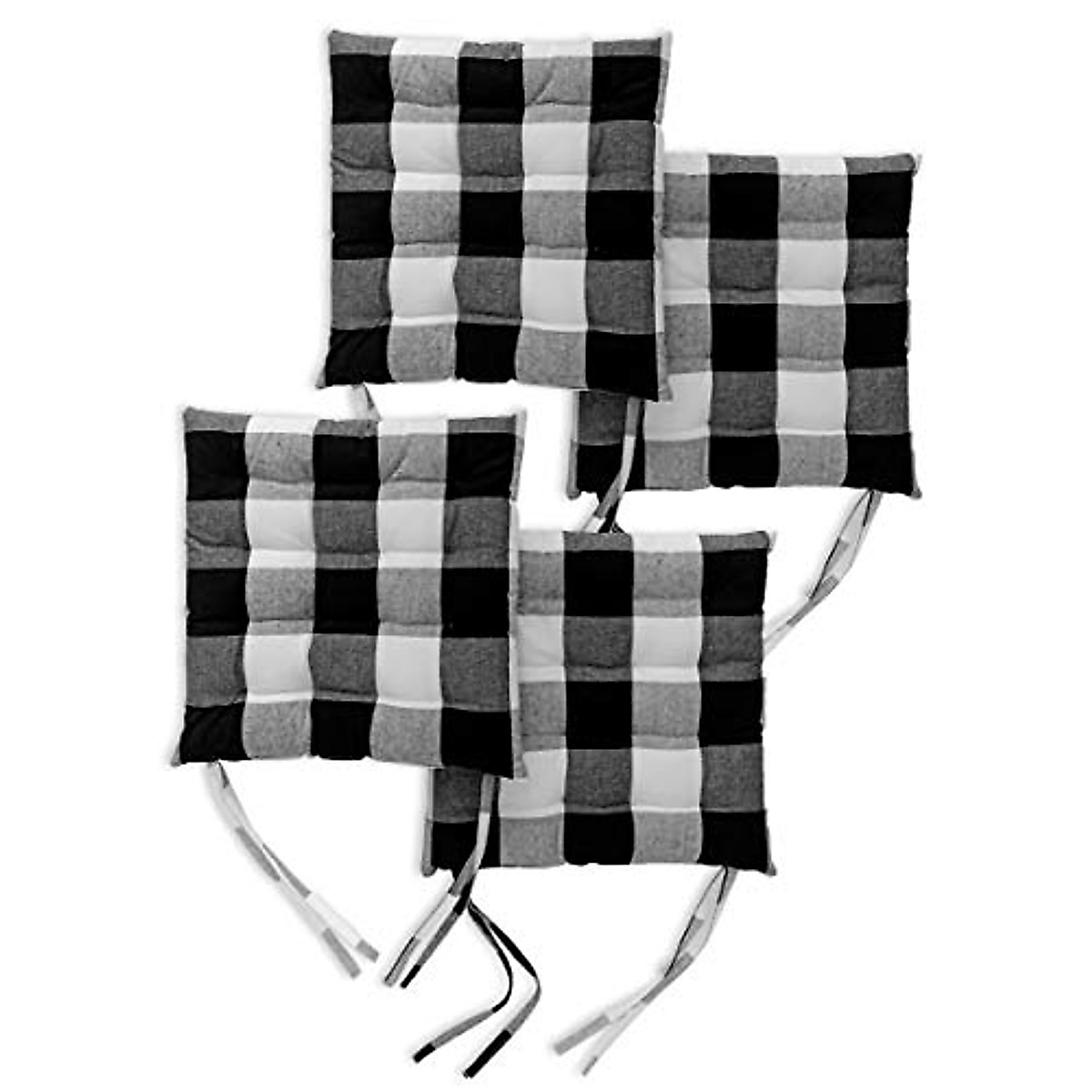 Encasa Homes Chair Cushions 40x40 cm with Ties 4 pcs - Buffalo Black Checks - Stripe Cotton Fabric, Rich Square Seat Cushions Micro-Fiber Filling, Large Size for Sitting, Sofa, Dining Table & Outdoor