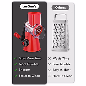 LucGee Rotary Cheese Grater with Handle - 3 in 1 Cheese Shredder Rotary Grater Stainless Steel Handheld, Vegetable Slicer for Fruit, Cheese, Nuts(Red)