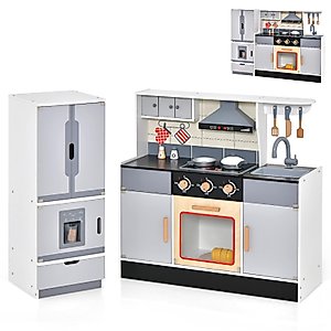 HONEY JOY Kids Kitchen Playset, 2-Piece Modular Wooden Play Kitchen for Toddlers & Refrigerator with Ice Maker, Range Hood, Oven, Little Chef Pretend Toy Kitchen Set with Light & Sound, Gray