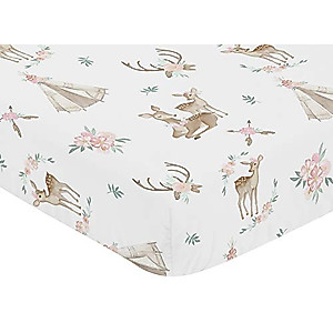 Sweet Jojo Designs Blush Pink, Mint Green and White Boho Baby or Toddler Fitted Crib Sheet for Woodland Deer Floral Collection