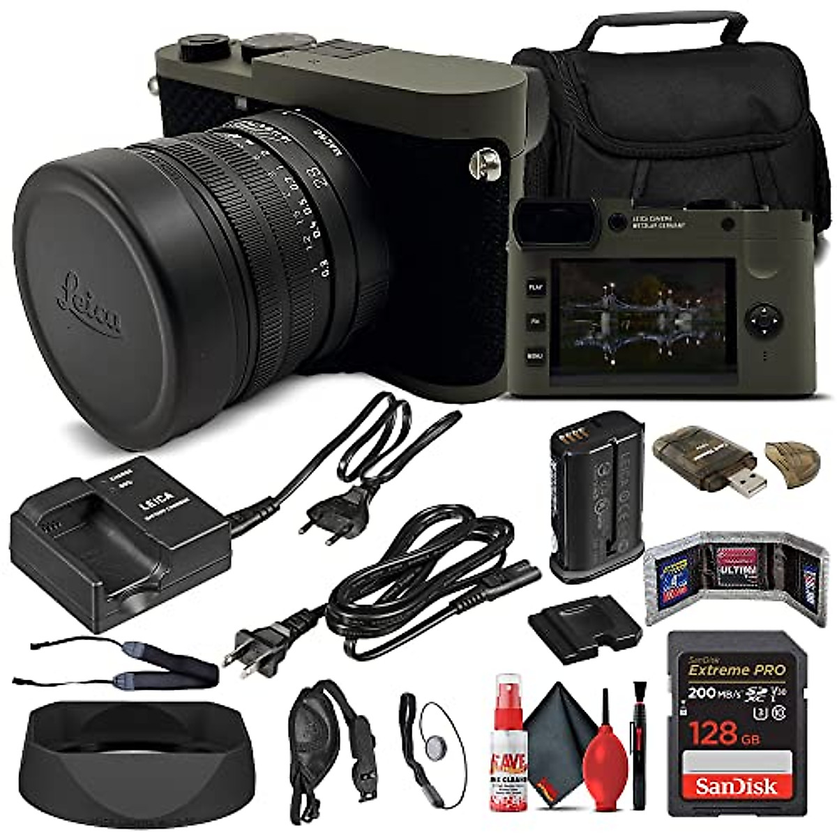 Leica Q2 Reporter Edition Digital Camera (19063) with 128GB Extreme Pro SD Card + Padded Camera Bag + Memory Card Wallet & Reader + Neck Strap + Lens Cap Keeper + Cleaning Kit