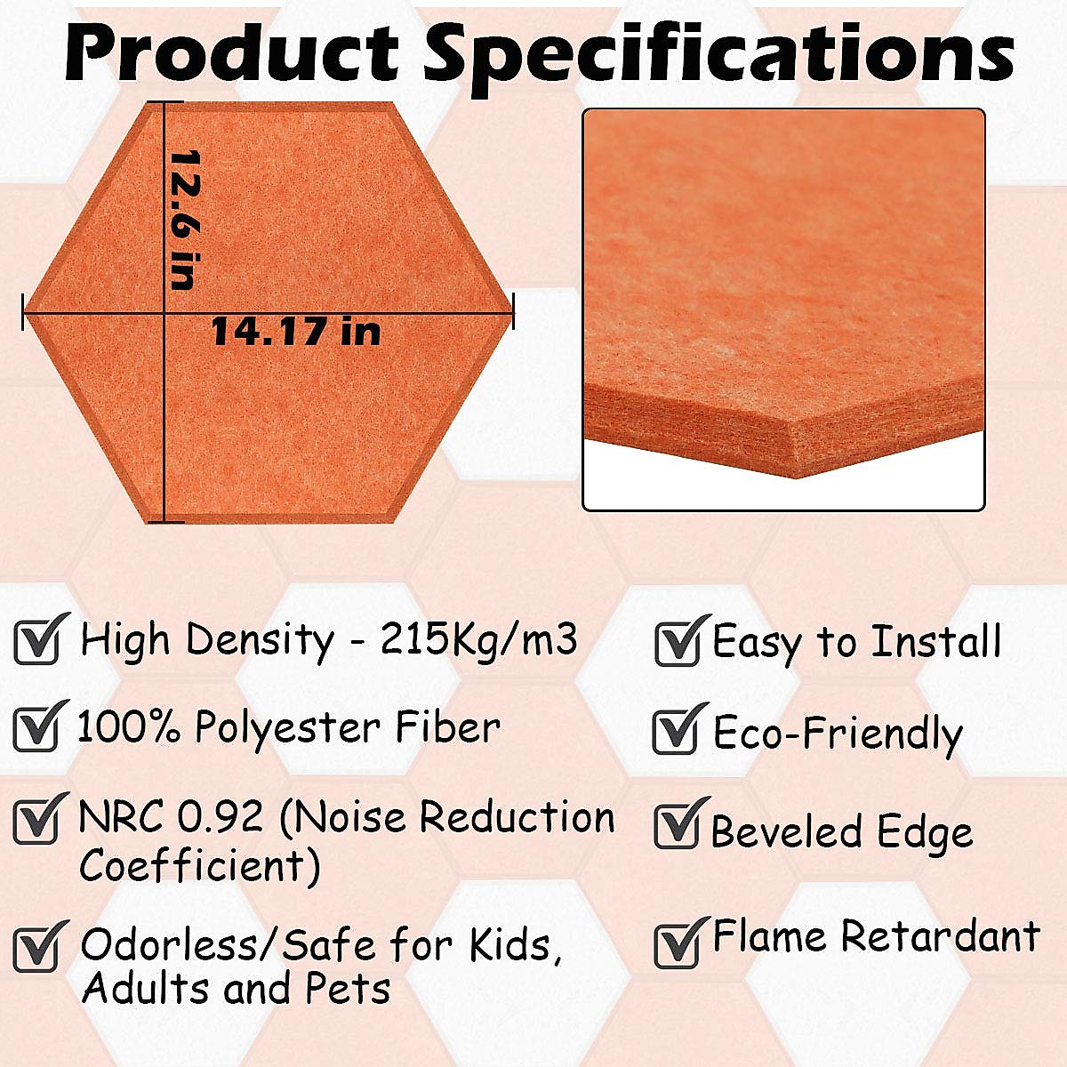 ZHERMAO 6 Pack Acoustic Panels Sound Proof Padding,14 X 13 X 0.4 Inches Sound Dampening Panels Bevled Edge Sound Panels, Used in Wall Decoration and Acoustic Treatment（Hexagon) (Pink)