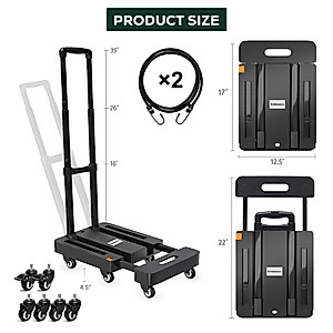 Fablyours Folding Hand Truck Dolly Cart, 500LB Heavy Duty Foldable Cart with 6 Wheels, Including 2 Rear Brake Wheels & 2 Elastic Ropes, Portable Dolly for Moving utility Luggage Travel/Home/Office Use