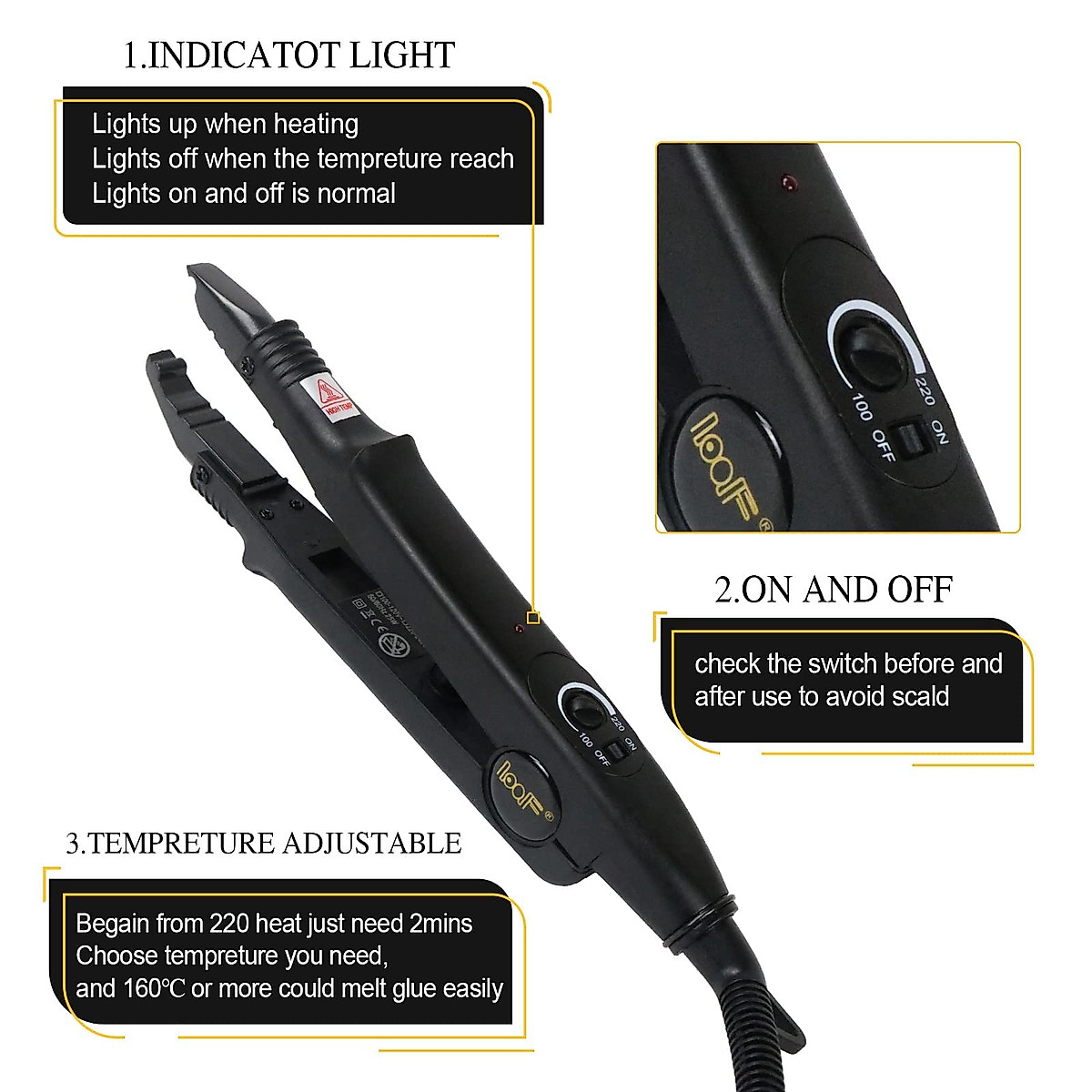 TopWigy Professional Hair Extensions Tool Hair Connector Fusion Heat Iron Connector Wand Temperature Adjustable Melting Tool with US Plug