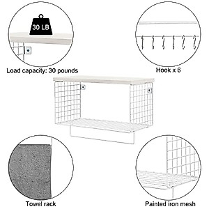 Bathroom Towel Shelf for Wall Bathroom Shelf with Towel Bar 2 Tier Wood Floating Shelves with Towel Rack and 6 Hooks, White