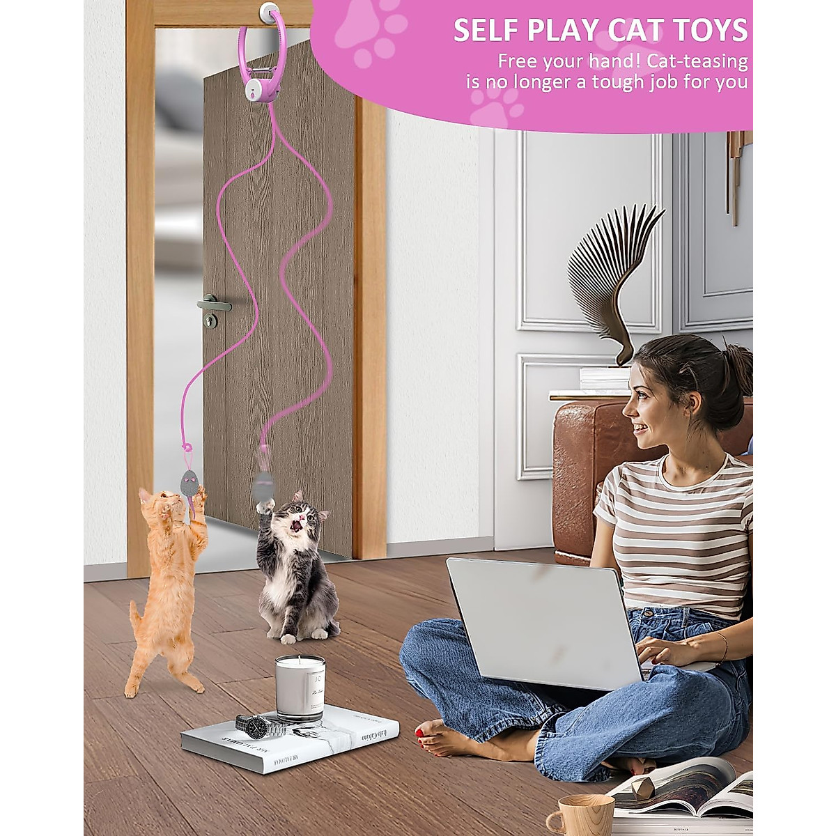 Cat Toys, Hanging Automatic Interactive Cat Toy, Colorful Bouncing Mice, Extra Long Elastic Rope, Motion Activated Rechargeable Cat Feathers Toys, Interactive Cat Toys for Indoor Cats/Kittens