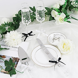 SEMONONIA 4 Piece Wedding Toasting Flutes and Cake Server Set - Champagne Glasses and Knife Server Set,Bride and Groom Wine Glasses and Cake Knives Set for Anniversary Engagement Gifts for Couple