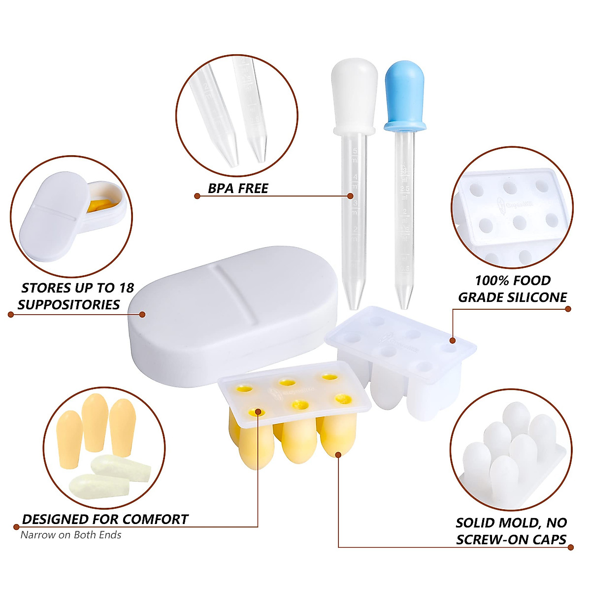 OrganiKit's Reusable Suppository Mold Kit - Eco-Friendly, 2ML, Silicone, Suppository Molds | Kit Includes 4 Suppository Mold Tray's, 4 Liquid Droppers, 1 Suppository Case.