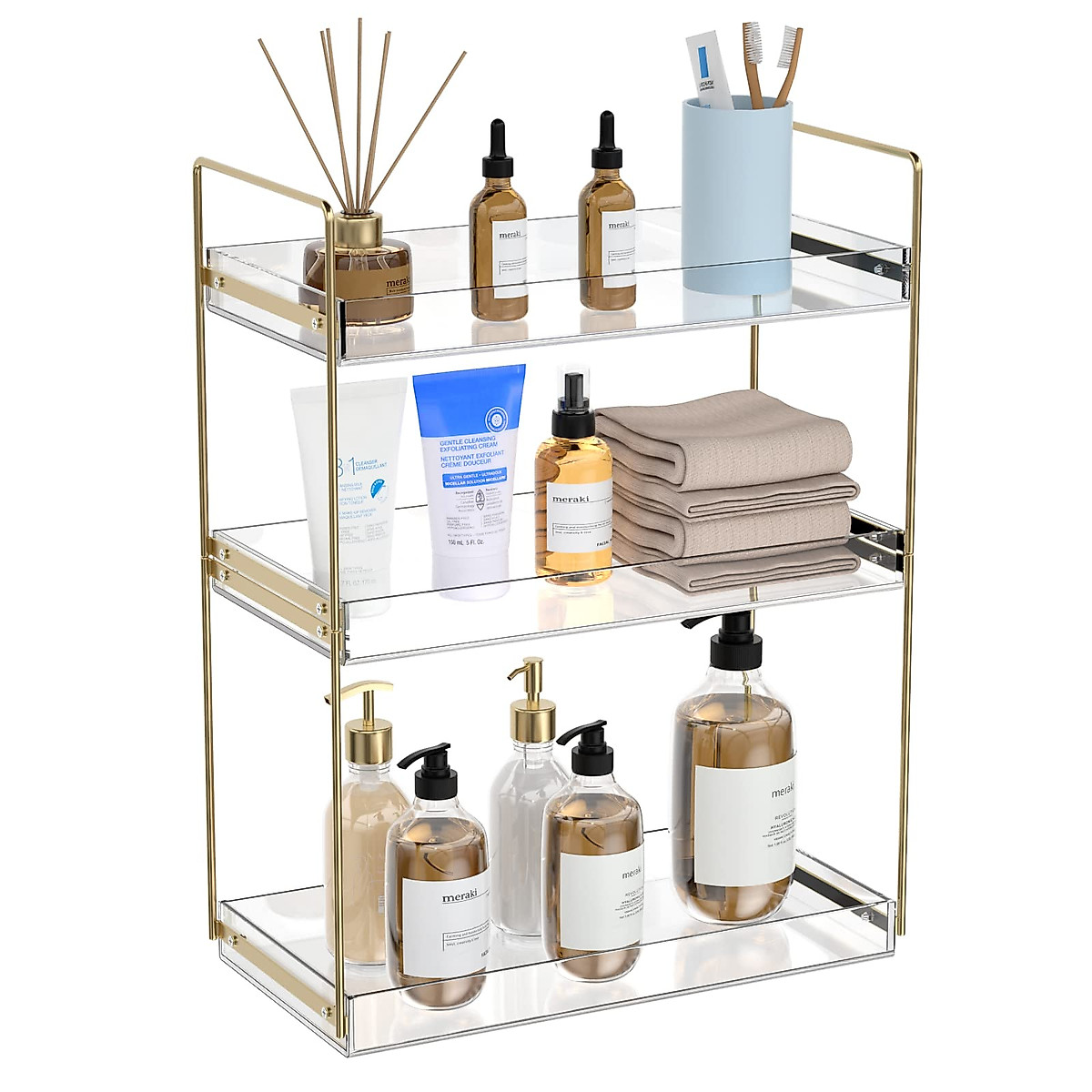 Bathroom Countertop Organizer, 3 Tier Acrylic Tray Vanity Counter Skincare Organizer Shelf, Kitchen Under Sink Standing Rack, Home Storage Holder for Lotion Makeup Cosmetics Perfume Spice, Gold