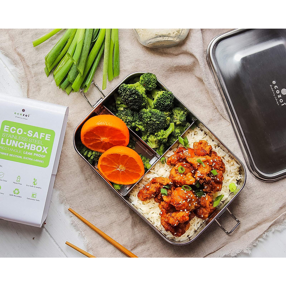 ecozoi Stainless Steel Lunch Box, Leak Proof 3 Compartment, Medium | Redesigned Silicone Seal | Sustainable Zero Waste Eco Friendly Bento Box Food Storage Container
