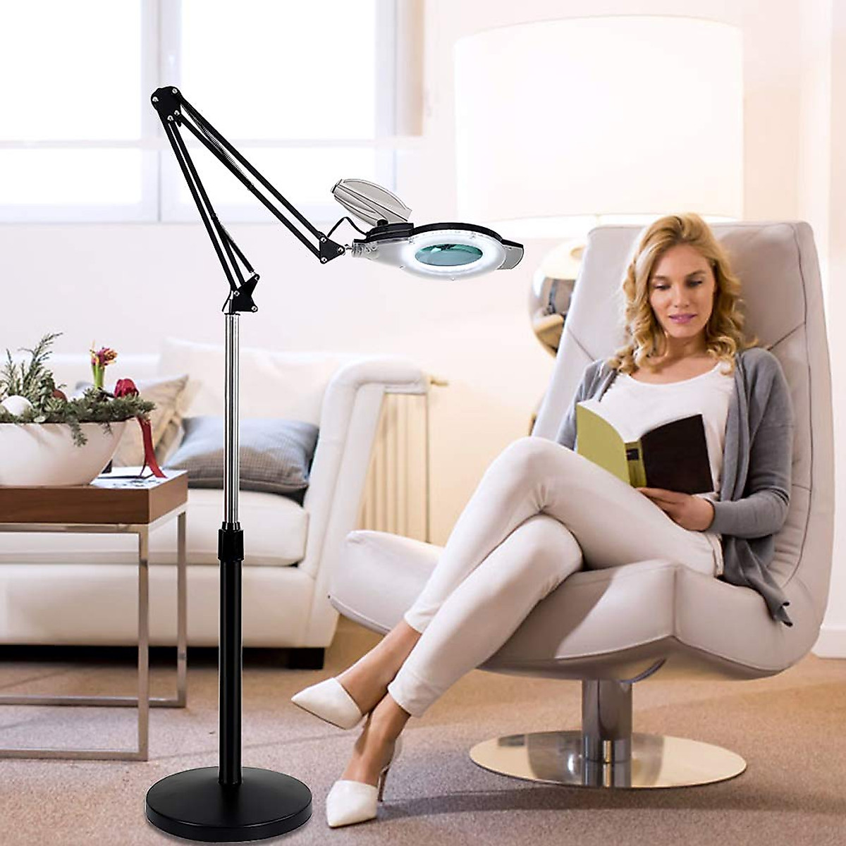 LED Magnifying Glass Floor Lamp with Clamp, KIRKAS 2,200 Lumens Super Bright Stepless dimming Facial Magnifier Lamp, Adjustable Stand and Swivel Arm Floor Light for Repair, Crafts and Tasks - Black
