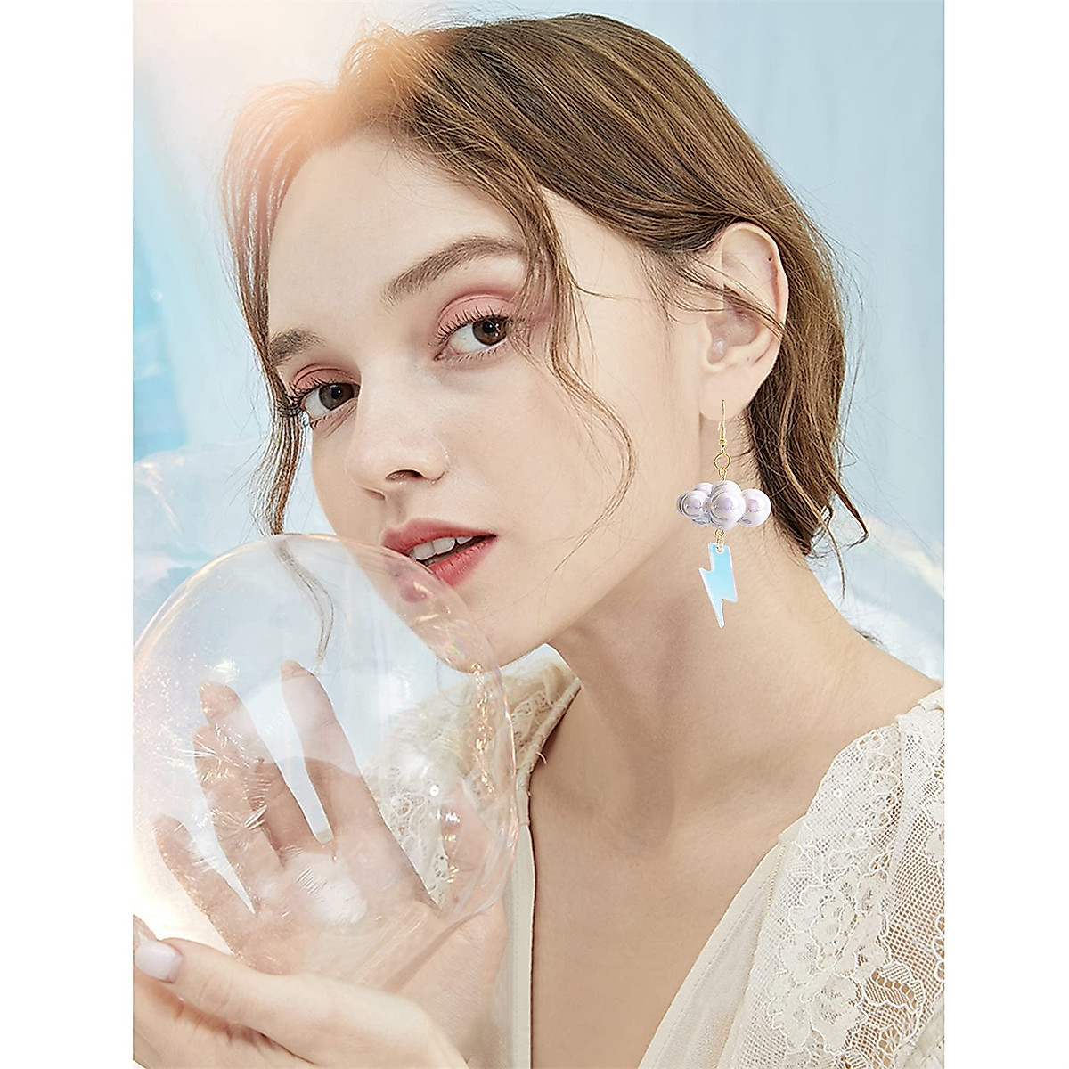 Cute Handmade Sparkly Large 3D Resin Cloud Lightning Weather Dangle Drop Hook Earrings for Women