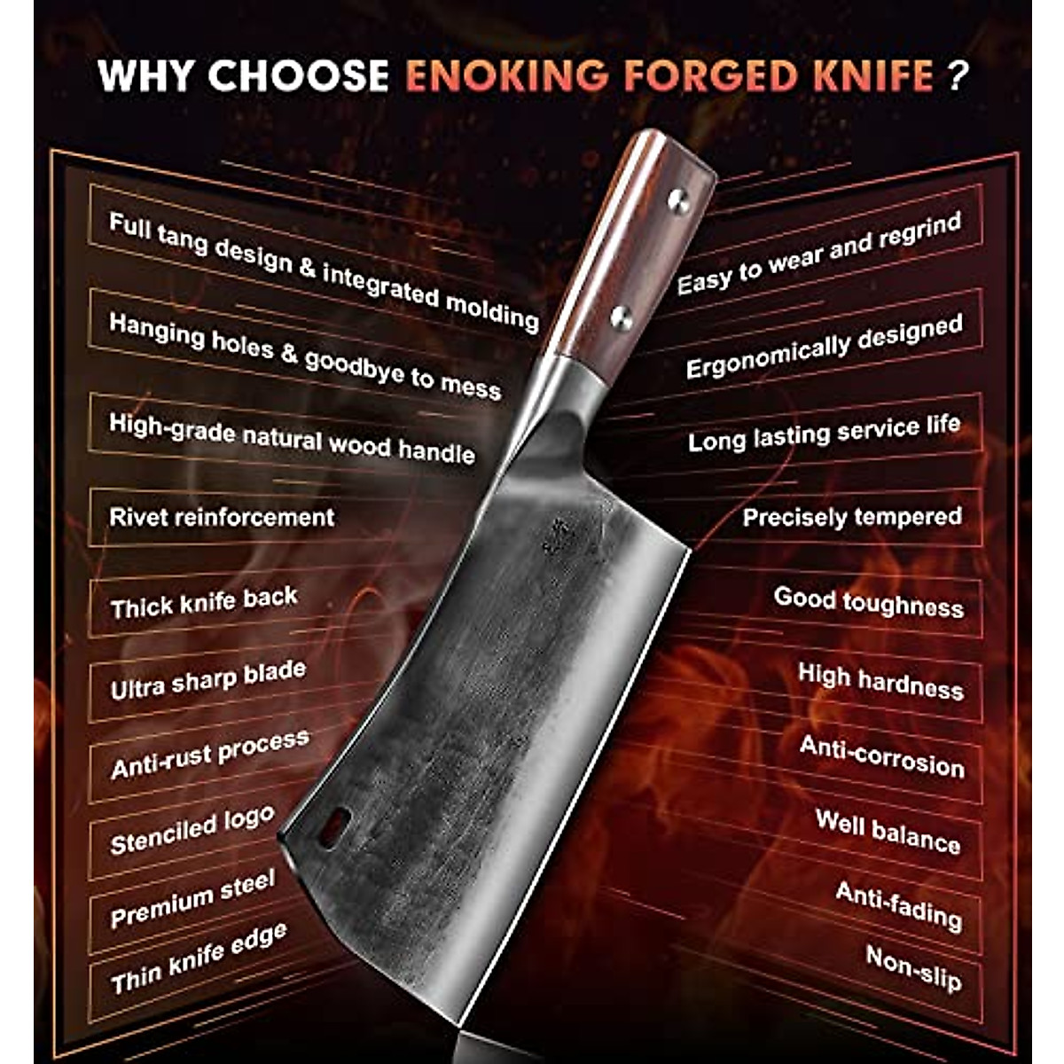 ENOKING Cleaver Knife, 7.5 Inch Hand Forged Meat Cleaver Heavy Duty Bone Chopper German High Carbon Stainless Steel Butcher Knife with Full Tang Handle for Home Kitchen and Restaurant, Ultra Sharp