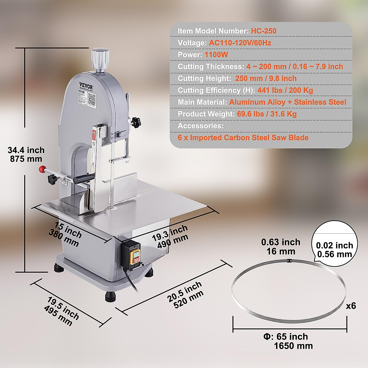 Commercial Electric Meat Bandsaw, 1100W Stainless Steel Countertop Bone Sawing Machine, Workbeach 19.3" x 15", 0.16-7.9 Inch Cutting Thickness, Frozen Meat Cutter with 6 Blades for Rib Pork Beef