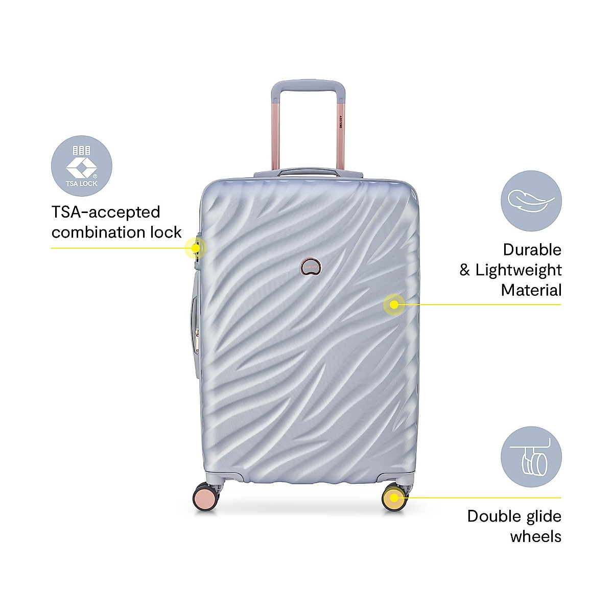 Delsey Paris Alexis Durable Luggage, Expandable Lightweight 4-Wheel Spinner, Easy Grip Handles for Smooth Mobility, TSA-Lock Incorporated, Men and Women, Platinum/Rose Gold, Check-In 25-Inch