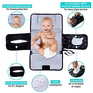 Baby Changing Pad with Shoulder Strap - Diaper Changing Mat with Built in Head Pillow and Large Pockets - Fully Padded Portable Changing Pad Perfect as Travel Diaper Changing Station for Newborns