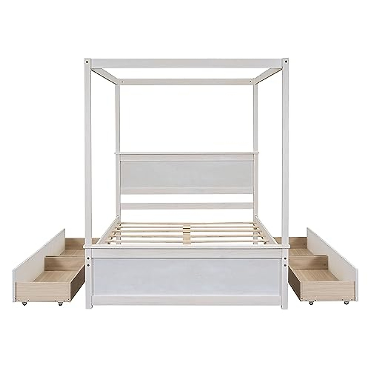 Wood Canopy Bed with 4 Storage Drawers, Full Size Canopy Platform Bed Frame with Headboard & Footboard for Kids Girls Boys, No Box Spring Needed (Brushed White)