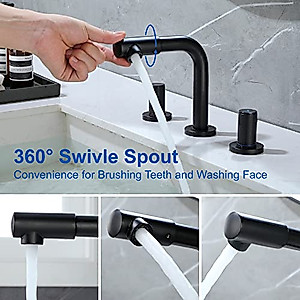 SHAMANDA 8 Inch Widespread Faucet with 360 Degree Swivel Nozzle and Spout, Modern 2 Unique Knob Handles Bathroom Sink Faucet 3 Hole Matte Black, Valve and cUPC Water Supply Hoses Included, LB801-7