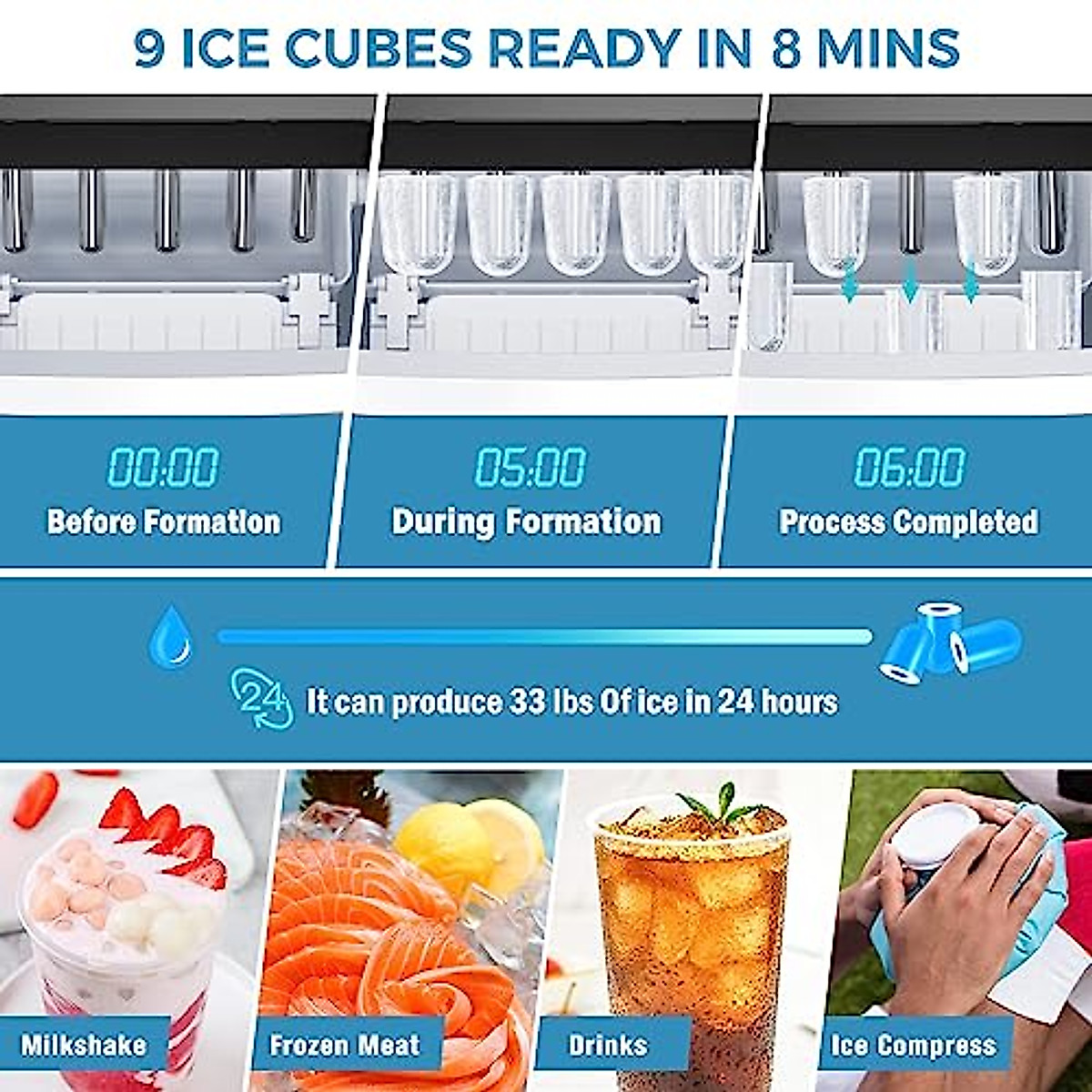 Countertop Ice Makers Countertop Ice Machine Elechelf,33LBS/24HRS,Bullet Ice Maker Machine,9 Pcs Cube Ready in 8-15mins with Scoop and Basket,Perfect for Home/Kitchen/Party/Office（Black）