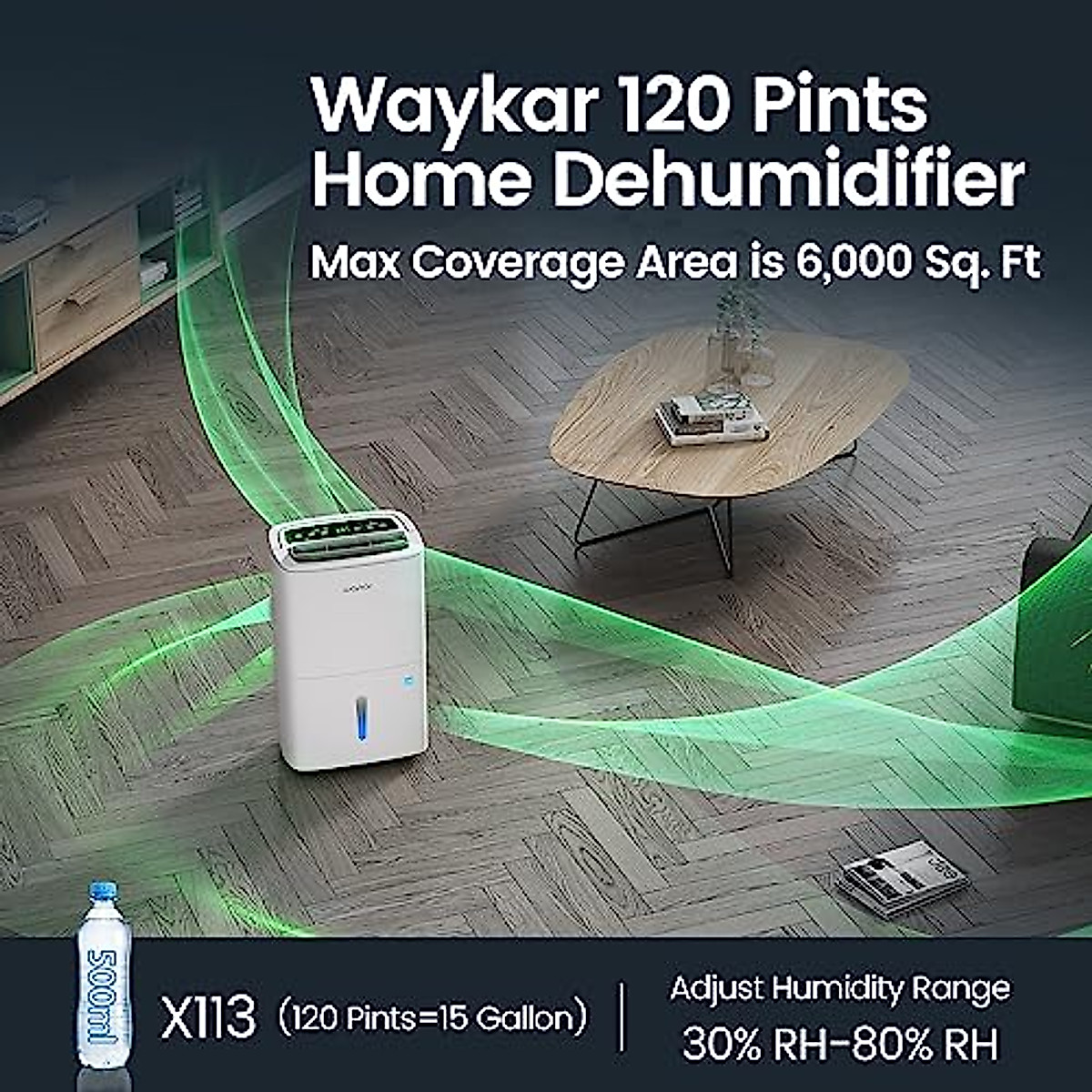 Waykar 120 Pints Energy Star Home Dehumidifier for Spaces up to 6,000 Sq. Ft at Home, in Basements and Large Rooms with Drain Hose, Handle, Auto Defrost and Self-Drying.