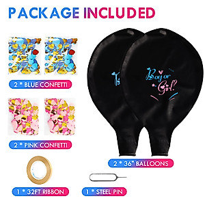Jumbo 36 Inch Gender Reveal Balloons - 2pcs Big Black Gender Reveal Confetti Balloons with Pink and Blue Heart Shape Confetti for Boy or Girl Baby Shower Gender Reveal ideas Decoration