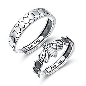 Yearace Bee Honeycomb Couples Rings Set, 925 Sterling Silver Cute Animals Bee Honeycomb Matching Ring for Couples Engraved I Love You, Adjustable Engagement Wedding Promise Ring for Him and Her