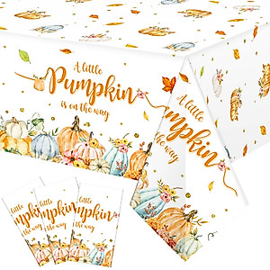 WovWeave 3 Pack Little Pumpkin Tablecloths Fall Baby Shower Party Decorations for Boy Girl A Little Pumpkin is On The Way Table Covers for Thanksgiving Pumpkin Party Favors Table Decor Supplies