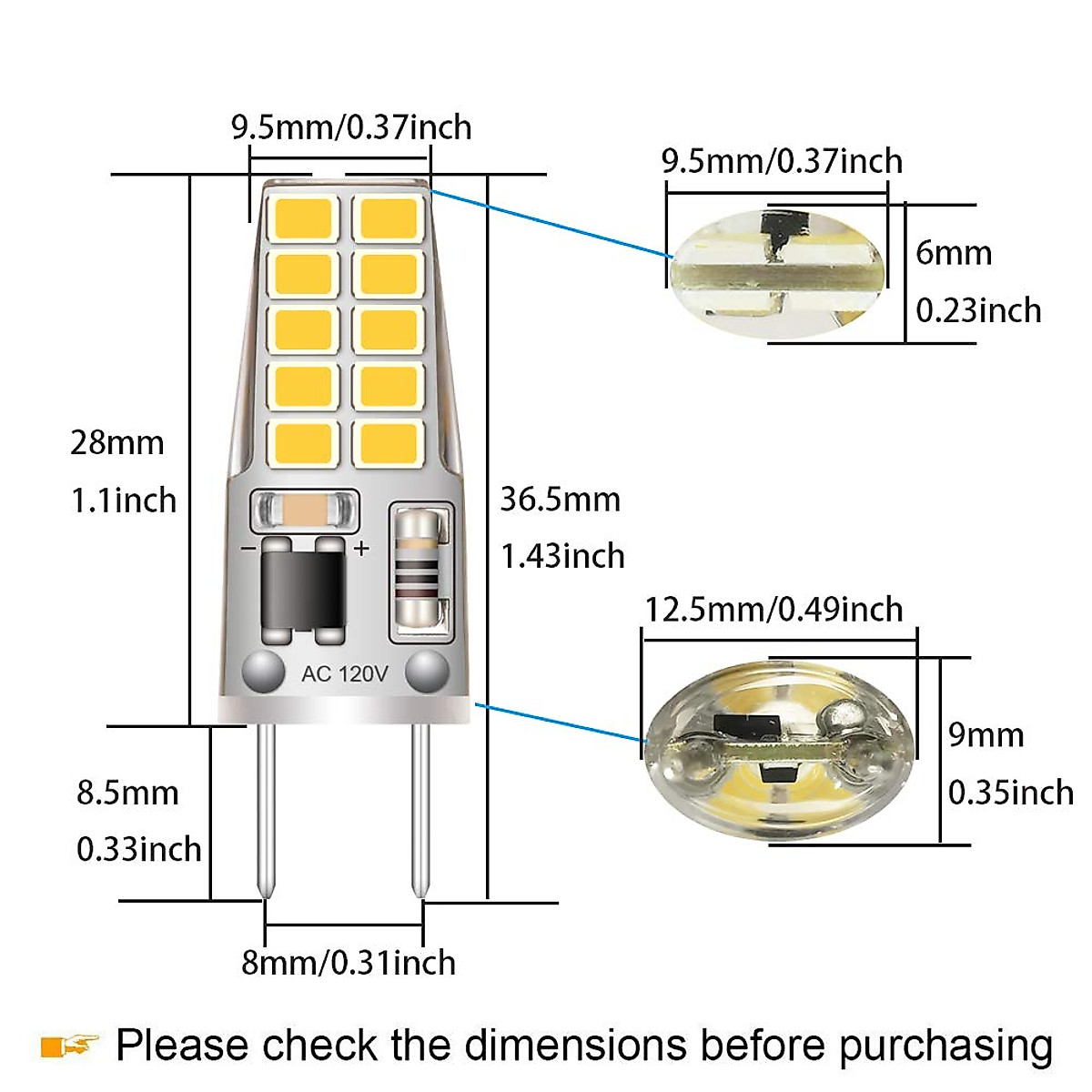 Lacnooe G8 LED Bulb 3W Equivalent to T4 JCD Bi-Pin G8 Base Halogen Bulb 20W-25W Dimmable G8 Light Bulb 110V-120V Daylight White 6000K for Puck Light, Under Cabinet Light, Under Counter Light (6 Pack)