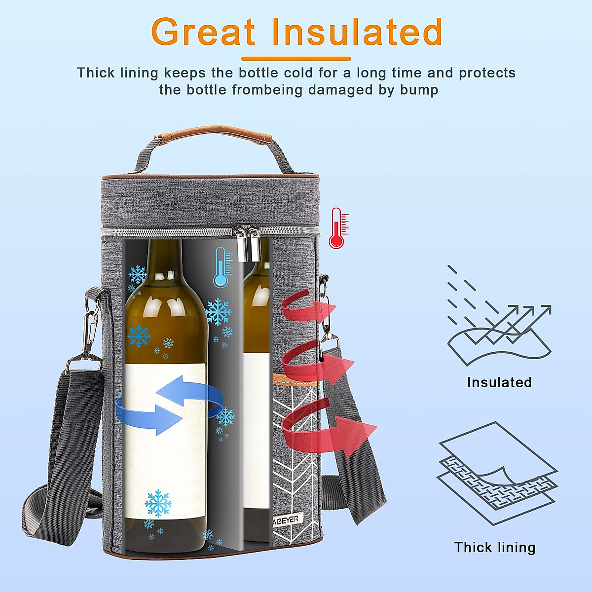 BABEYER 2 Bottles Wine Tote Bag Insulated Wine Cooler Carrier for Wine Tasting, Party, Travel, Beach, BYOB Restaurant, Sport Events, Wine Gifts for Women Wine Lovers-Grey