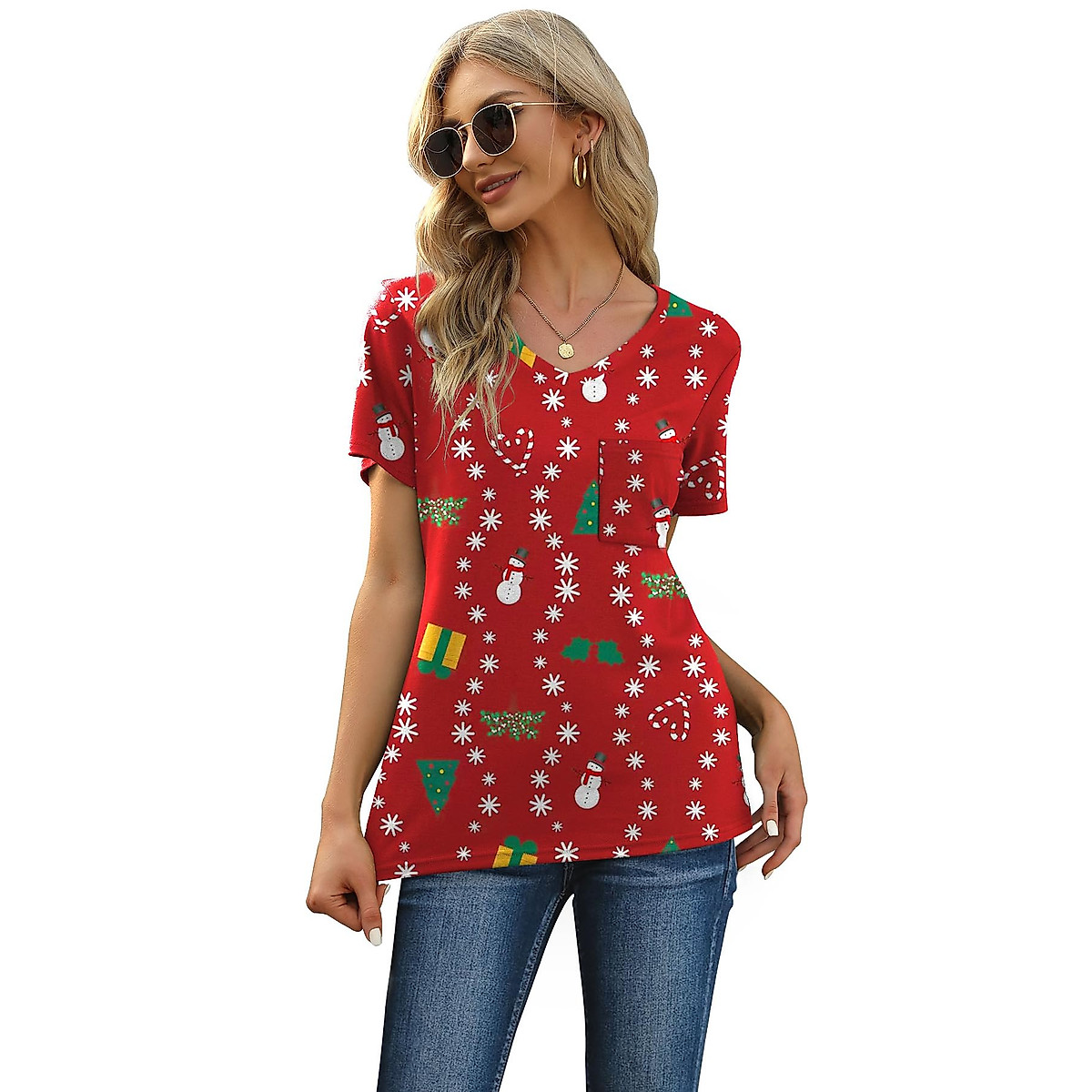 RUBZOOF Christmas Pajamas for Women Shorts Set Snowman Print Casual Soft V Neck 2 Piece Lounge Sets with Pockets S