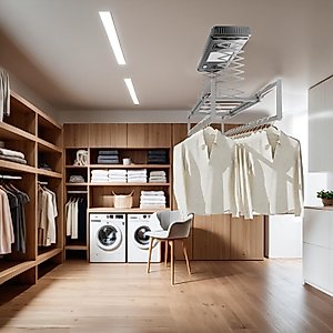 Ouayrhea Ceiling Clothes Drying Rack Electrical - Foldable Telescoping Laundry Drying Rack with Heater Fan, Remote and Led Light (Ceiling Mounted,130)