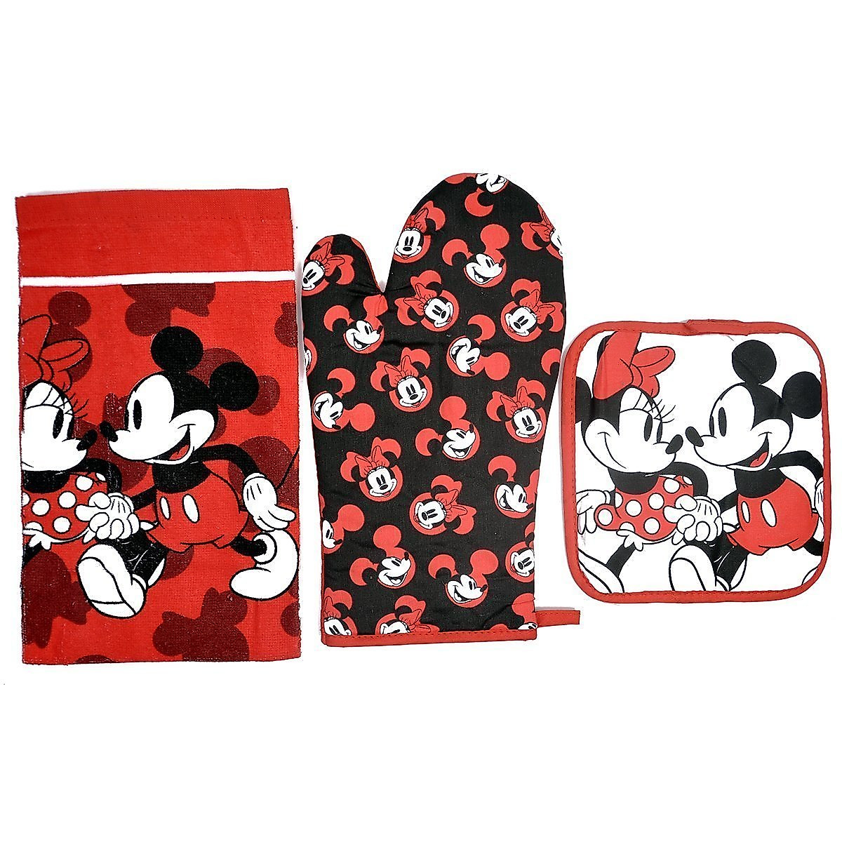 Disney Oven Mitt Pot Holder & Dish Towel 3 pc Kitchen Set (Mickey Minnie Red)