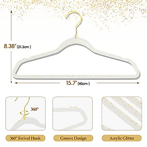 UEAKPIC 50 Pack Clear Plastic Hangers with Gold Glitter, Acrylic Hangers Ultra Slim & Space Saving Suit Hangers for Coats, Pants & Dress Clothes