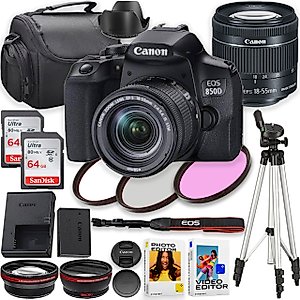 Canon EOS Rebel 850D / T8i DSLR Camera w/EF-S 18-55mm Lens + 2Pc 64GB Memory Card + Tripod + Photo and Video Editor & More (Renewed)
