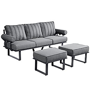 ovios Aluminum Patio Furniture Set 7 PCS All-Weather Outdoor Conversation Set Modern Metal High Back Aluminum Patio Sofa with Table and Thick Cushions (Black-Grey Stripe)