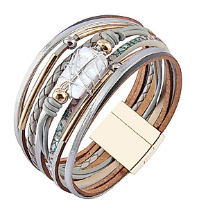 AZORA Womens Leather Cuff Bracelet Baroque Pearl Wrap Bracelets Gorgeous Gold Tube Bangle Handmade Wristbands Jewelry Bohemian Gift for Women Mother