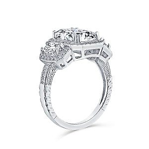 Personalize Estate Vintage Art Deco Style 3CT AAA CZ Halo Rectangle Emerald Cut Statement Engagement Ring For Women CZ Baguette Side Stones .925 Sterling Silver Custom Engraved