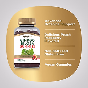 Piping Rock Ginkgo Biloba Supplements | 90 Gummies | Peach Raspberry Flavor | Vegan, Non-GMO, Gluten Free Extract