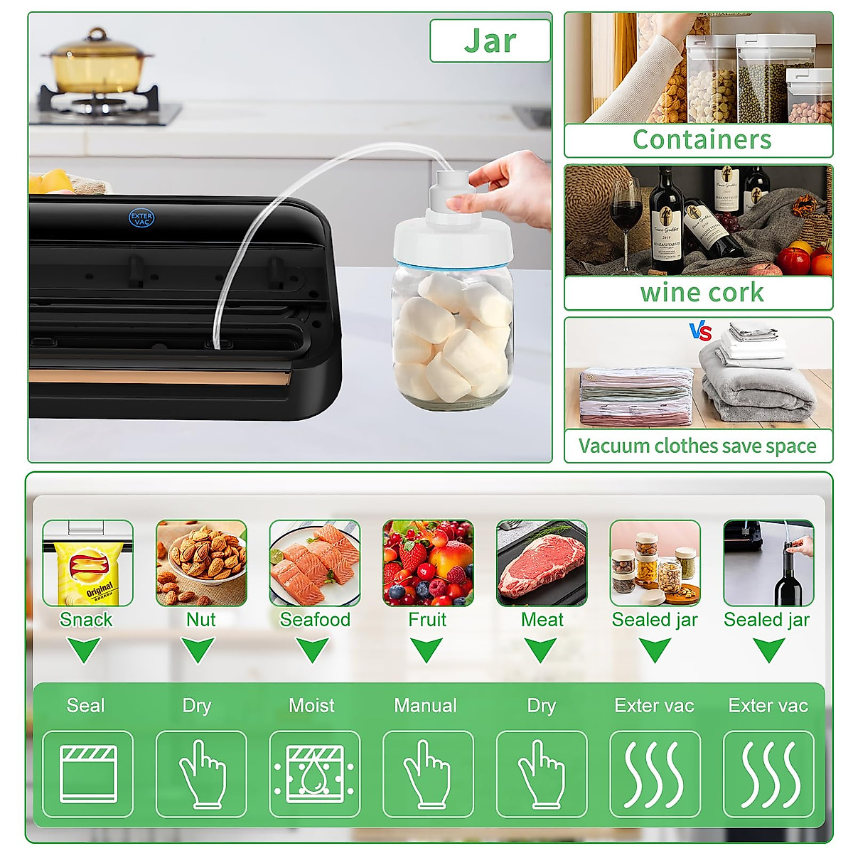 XLMYS Food Vacuum Sealer Machine (95KPA), Compact Automatic Food Vacuum Sealer with Vacuum Bags, LED Indicator Light, Dry & Moist Food Modes for Food Wine Preservation Storage