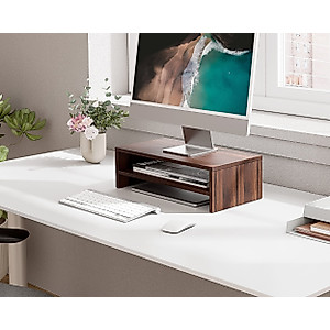 FITUEYES Monitor Stand - 2 Tier Computer Monitor Riser with 16.7 Inch Shelf, Wood Desktop Stand for Laptop Computer Screen, Desk Organization, Office Supplies
