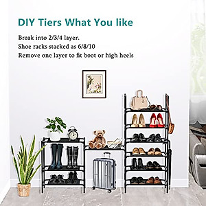 Shoe Rack Storage Organizer 5 Tiers Free Standing Metal Shoe Shelf with Side 3 Shoes Pockets, 10-17 Pairs Vertical Space Saving Stackable Tall Shoe Rack for Entryway, Hallway, Closet and Living Room