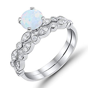 Blue Apple Co. Art Deco Style Vintage Two Piece Wedding Engagement Bridal Set Ring Band Round Creatd White Opal 925 Sterling Silver, Size-8