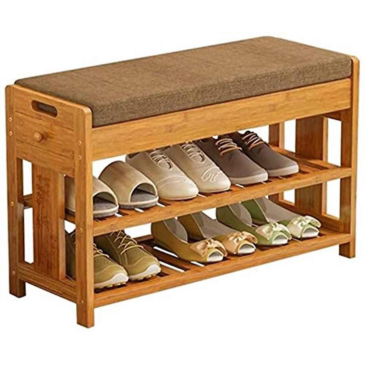 llibnn 2-Tier Bamboo Shoe Bench Holder with Seat Cushion Heavy Duty Shoe Storage Organizer with Drawer for Closet Entryway Hallway (Size : 70cm) (Size : 70cm)