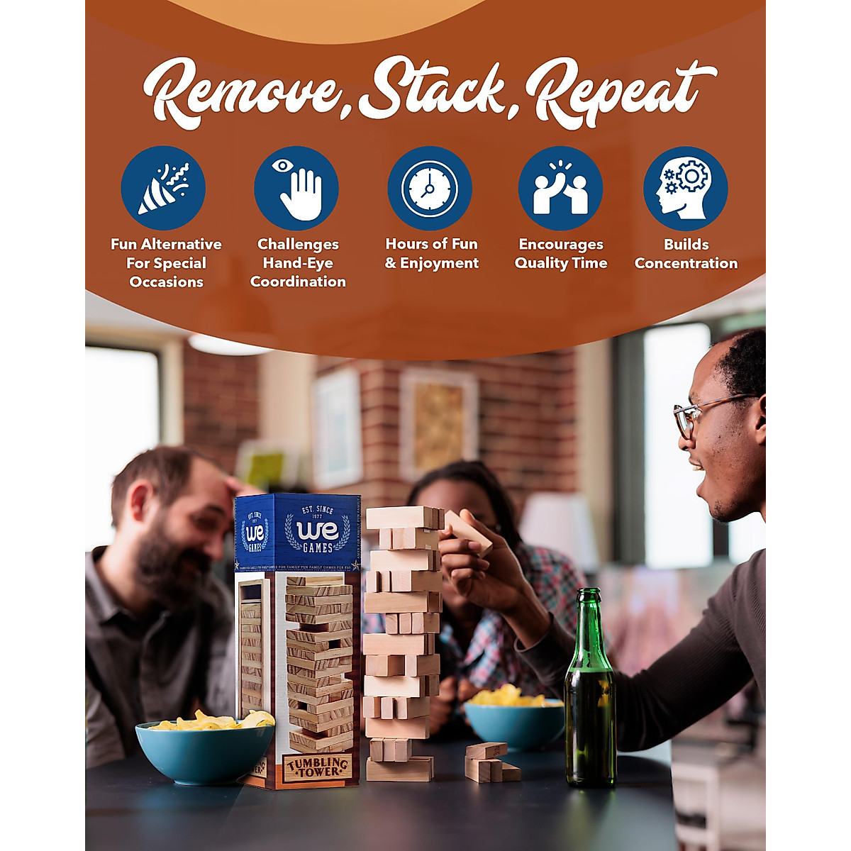 WE Games Wooden Block Stacking Party Game for Adults, Tumble Tower Wedding Guest Book Alternative, Tabletop Games, Includes Storage Case, 12 inches