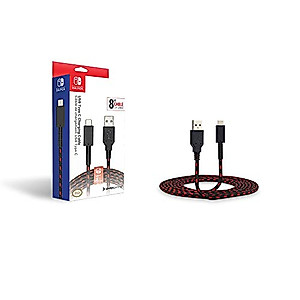 PDP Gaming Charge Cable | 8 Feet USB C Charger: Black/Red - Nintendo Switch