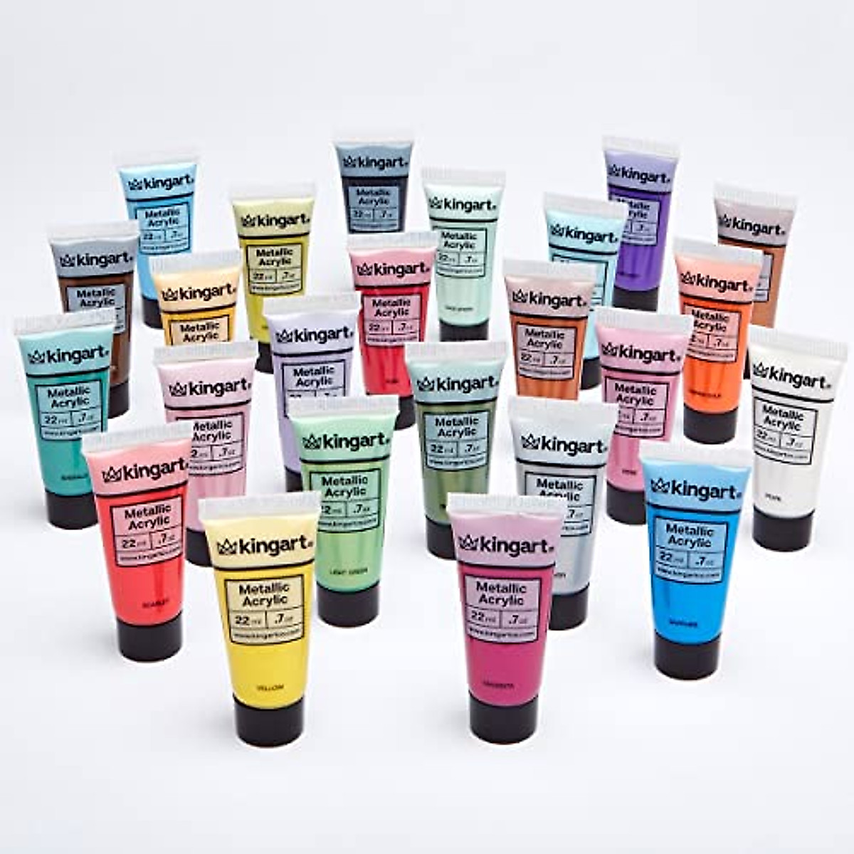 KINGART Metallic Acrylic Paint, Set of 24 Colors, 0.74 oz/22 ml Tubes with Storage Box, Rich Pigments, Non Fading, Non Toxic Paints for Artist & Hobby Painters, Art Supplies for Canvas Painting