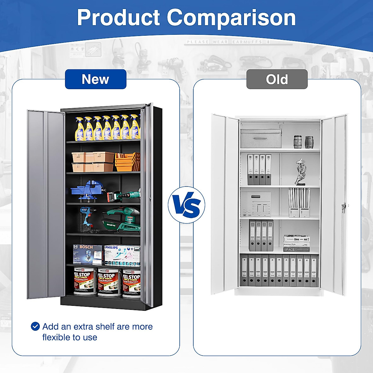 BYNSOE Garage Storage Cabinet with 5 Adjustable Shelves Metal Storage Cabinets with Locking Door, Steel Classic Storage Cabinet for Home, School, Office, Garage (Black Gray-Style 1)