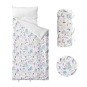Bunnikins & Clover Toddler Nap Mat with Removable Pillow, Cotton Nap Mats for Preschool, Easy Clean Toddler Nap Pad for Kindergarten, Kids Sleeping Bag for Travel Camping